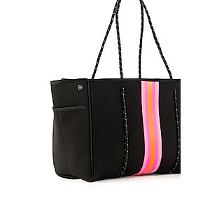 Haute Shore - Greyson Rave Neoprene Tote Bag w/Zipper Wristlet Inside, Black W/Hot Pink Orange