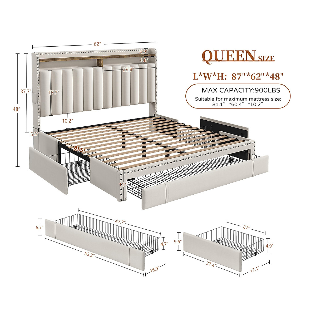 EnHomee Queen Bed Frame with Headboard and 3 Large Drawers, Upholstered Platform Bed Frame Queen Size with Storage, Queen Size Bed Frame with Headboard, Sturdy, No Box Spring Needed, No-Noise, Beige