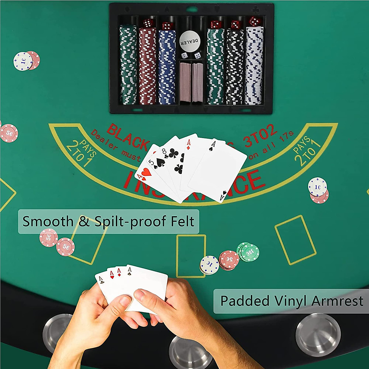 Vilobos 7 Player Blackjack Table with Folding Legs 71'' Casino Game Table Removable Metal Cup Holder Green Felt