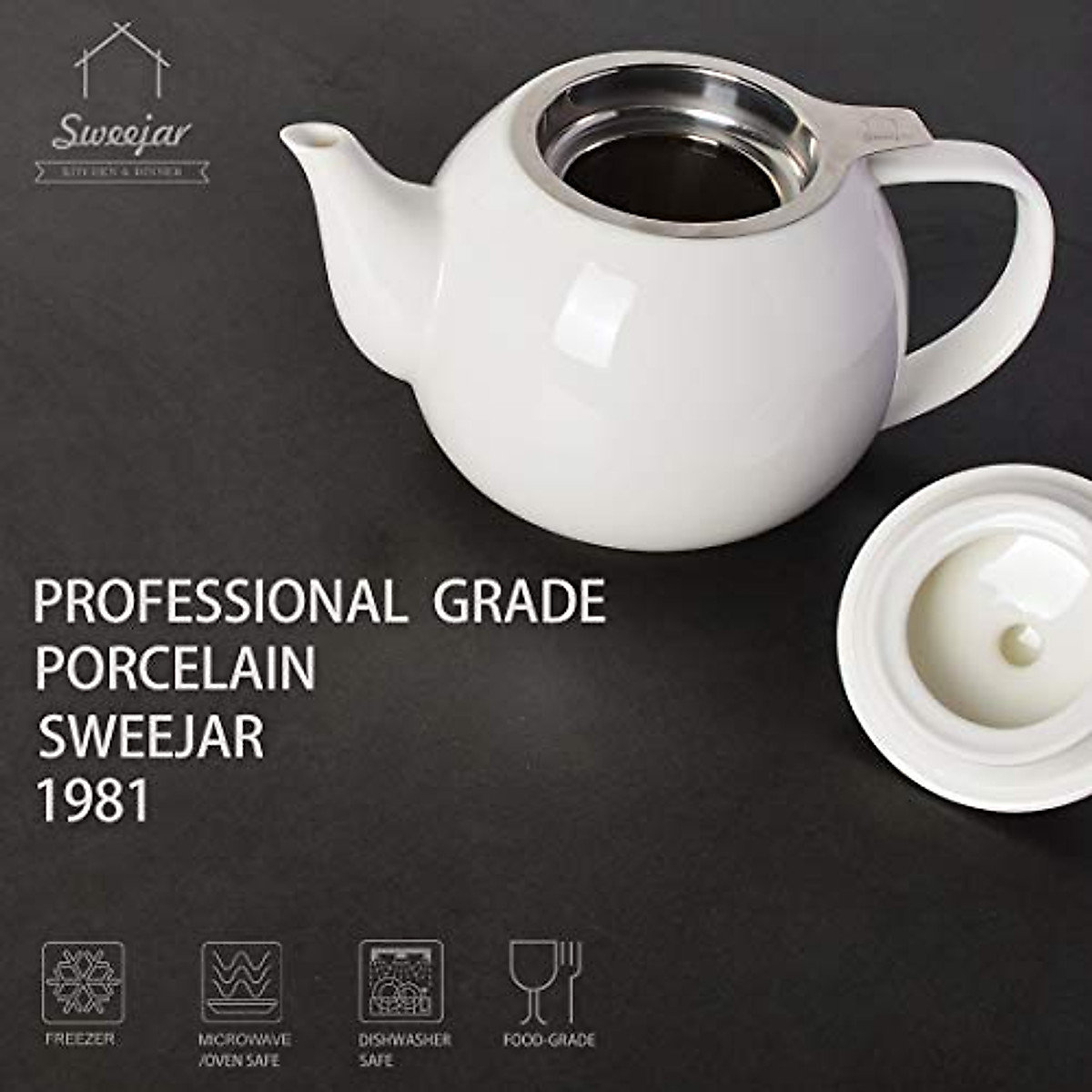Sweejar Porcelain Tea Pot with Infuser and Lid,Teaware with Filter 28 OZ for Tea/Coffee/Milk/Women/Office/Home/Gift (White)