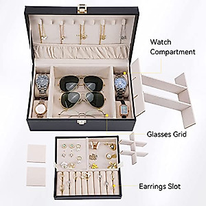 LANDICI Jewelry Box Organizer for Women Girls, Large 2 Layer Men Watch Case with Removable Tray, PU Leather Jewellery Storage Holder Display for Watches Sunglasses Rings Earrings Necklace, Black
