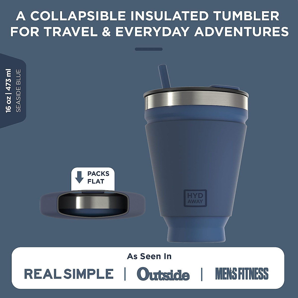 HYDAWAY Collapsible Tumbler with Lid and Straw - 16 oz I Portable, Insulated Silicone Travel Mug, Hot & Cold Foldable Cup for Coffee, Tea, Camping & Backpacking, Spill Proof Lid & Steel Rim