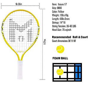 insum 17'' Junior Tennis Racket for Aged 2-3 Y with Strap Bag Kids Tennis Racquet (17inch-Yellow)