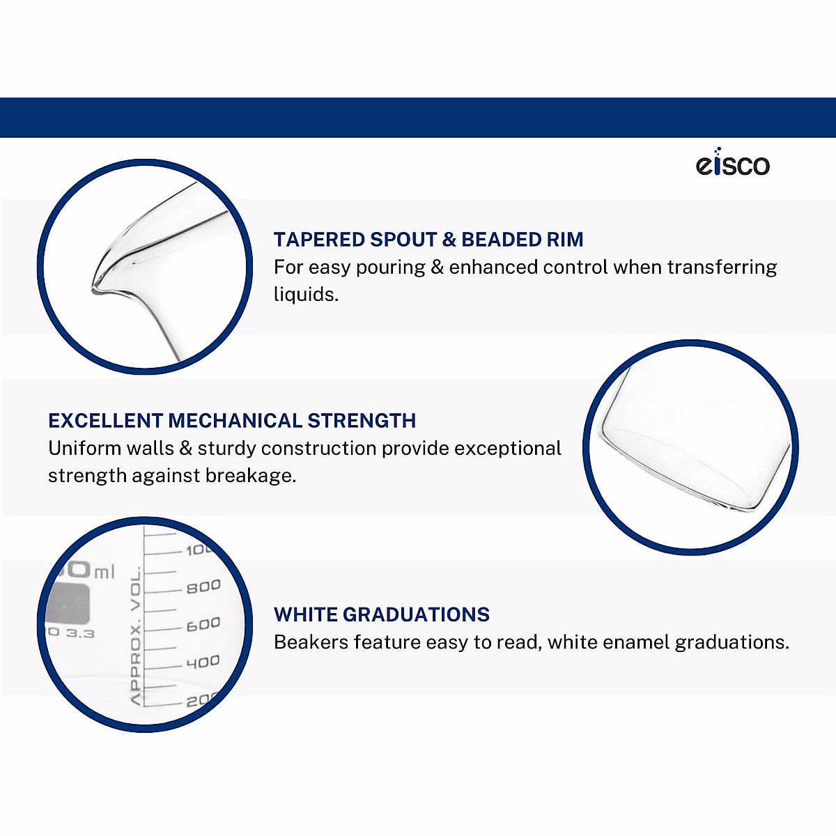 EISCO Beaker, 600ml - Tall Form with Spout - White, 50ml Graduations - Borosilicate 3.3 Glass