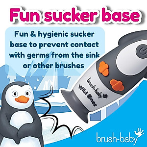 brush-baby WildOnes Kids Electric Rechargeable Toothbrush Penguin, 1 Handle, 3 Brush Heads, USB Charging Cable, for Ages 0-10 (Penguin)