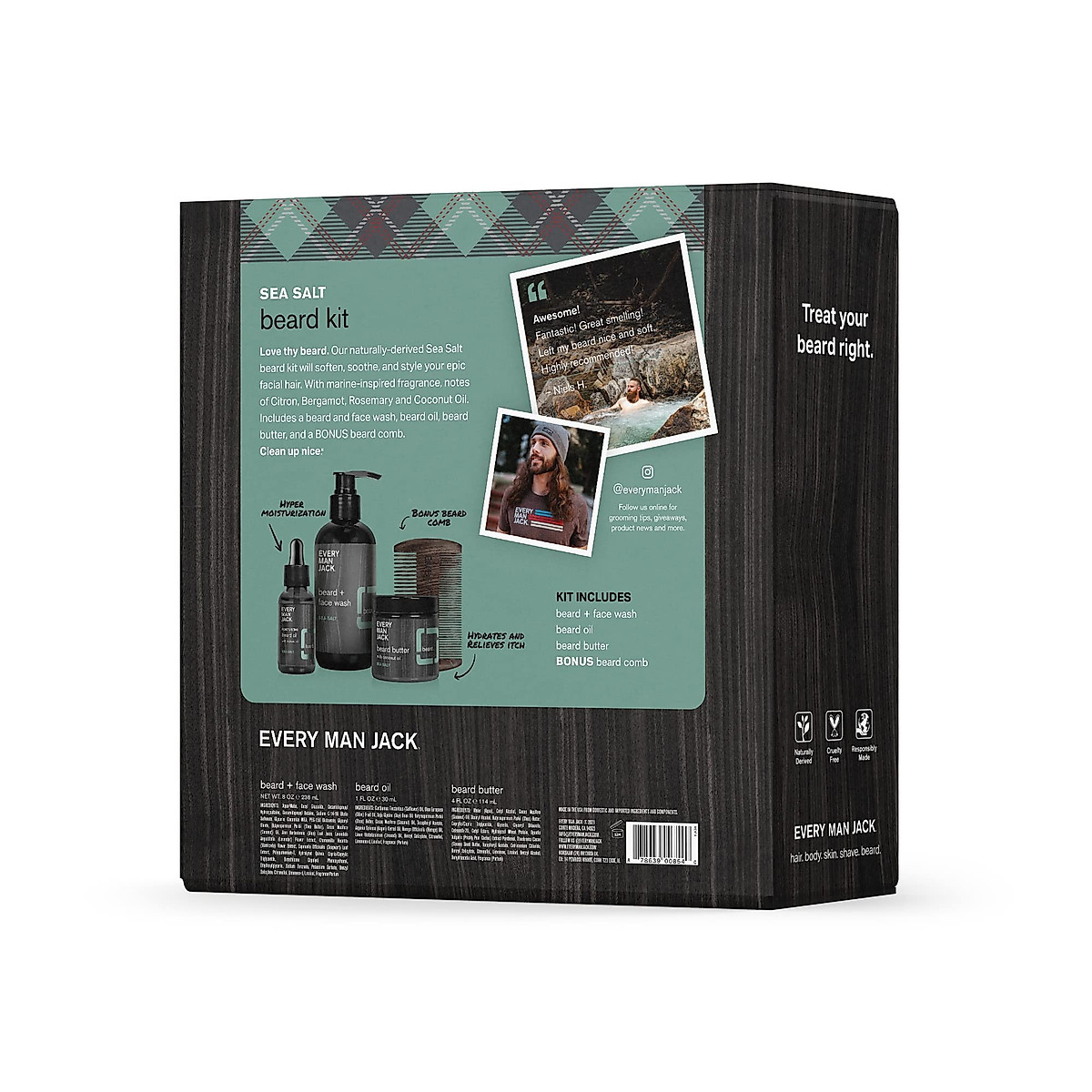 Every Man Jack Mens Sea Salt Beard Kit - Perfect for Every Guy - Includes Four Full-Sized Grooming Essentials - Beard + Face Wash, Beard Oil, Beard Butter + Beard Comb