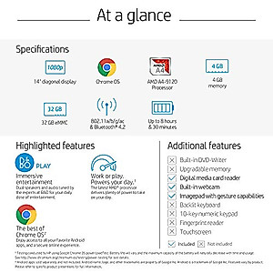 HP Chromebook 14-inch Laptop with 180-Degree Hinge, Full HD Screen, AMD Dual-Core A4-9120 Processor, 4 GB SDRAM, 32 GB eMMC Storage, Chrome OS (14-db0040nr, Chalkboard Gray)