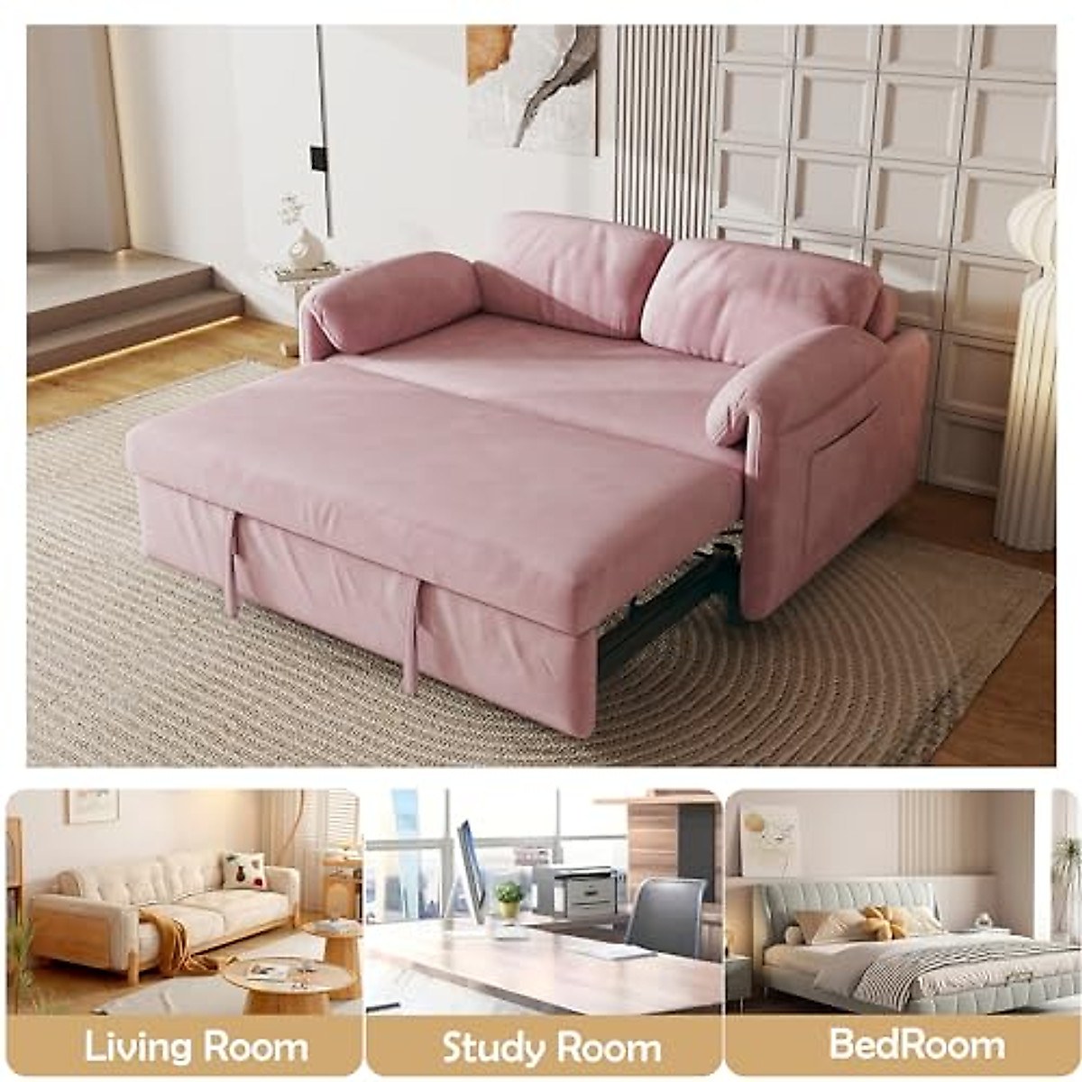 54"W Loveseat Sofa Convertible Sleeper Sofabed ,2 Seater Functional Love Seat Sofa&Couch W/Pull Out Couch Bed, Reclining Backrest and Reversible Pillows Armrests for Office Apartment RV Living Room