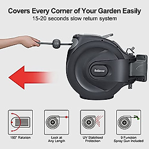 Guitrees Retractable Garden Hose Reel 1/2” 150FT+6FT With Cover, Slow Return System, Any Length Lock, Wall Mounted, 9 Function Nozzle and 180°Swivel Bracket (Grey)