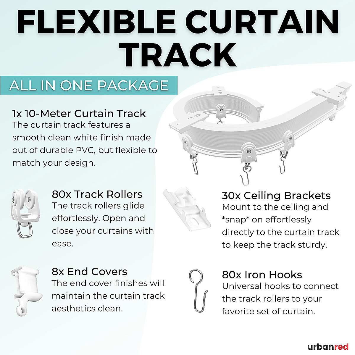 UrbanRed Flexible Bendable 32.8FT 10m Ceiling Curtain Track for Room Divider, Shower, Curved Slide Rail, White