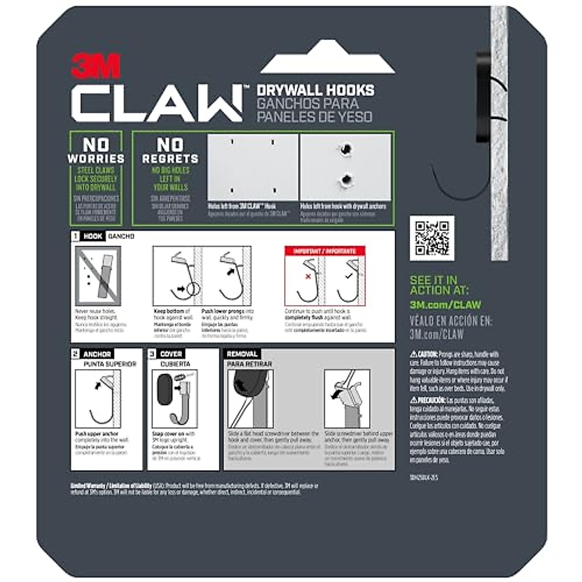 3M CLAW 25 lb. 2 Drywall Black Hooks & 2 Extra Picture Hangers, Heavyweight Hanging Solution for Backpacks, Jackets, Pictures and Room Decor, Cute Wall Hooks - 4 Pack