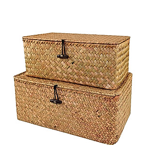 Sobotoo Wicker Storage Basket with Lid, Natural Hand-woven Rattan Storage Box, Rectangular Household Organizer Boxes Shelf Wardrobe Organizer (L+XXL)