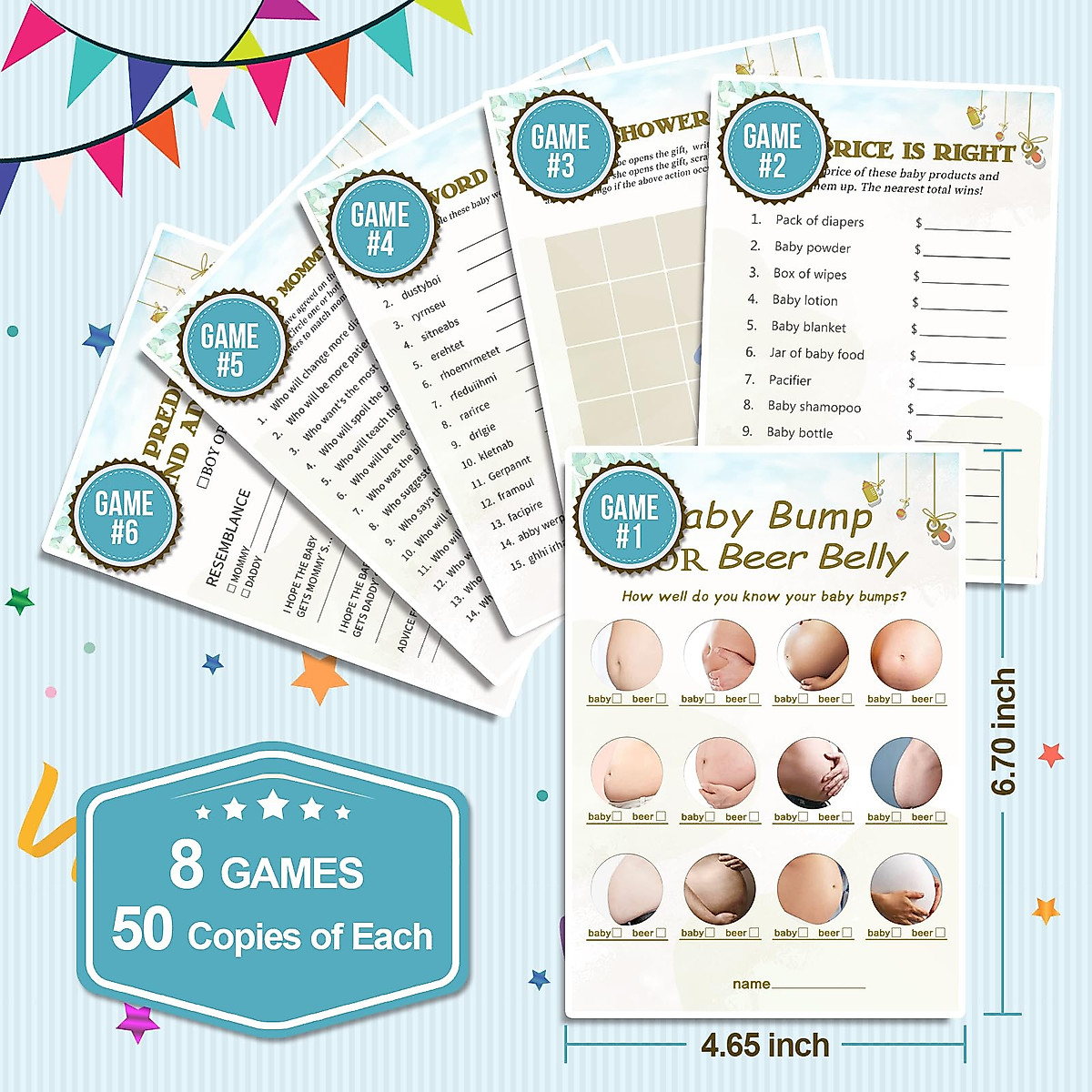 OLOUTAB Baby Shower Games Set-8 Games,Fun and Easy to Play,Includes Baby Shower Bingo,Price is Right,Guess Who Mommy or Daddy,Word Scramble,Prediction and Advice,How Big is Mommys Belly,Pacifier Hunt