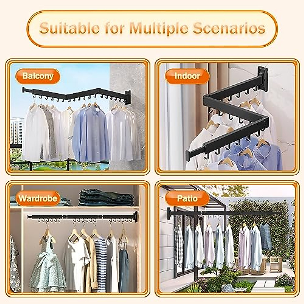 HEILAIYI Clothes Drying Rack for Laundry,Wall Mounted Clothes Hanger Rack,Folding,Retractable,Collapsible(J Shape Hooks)