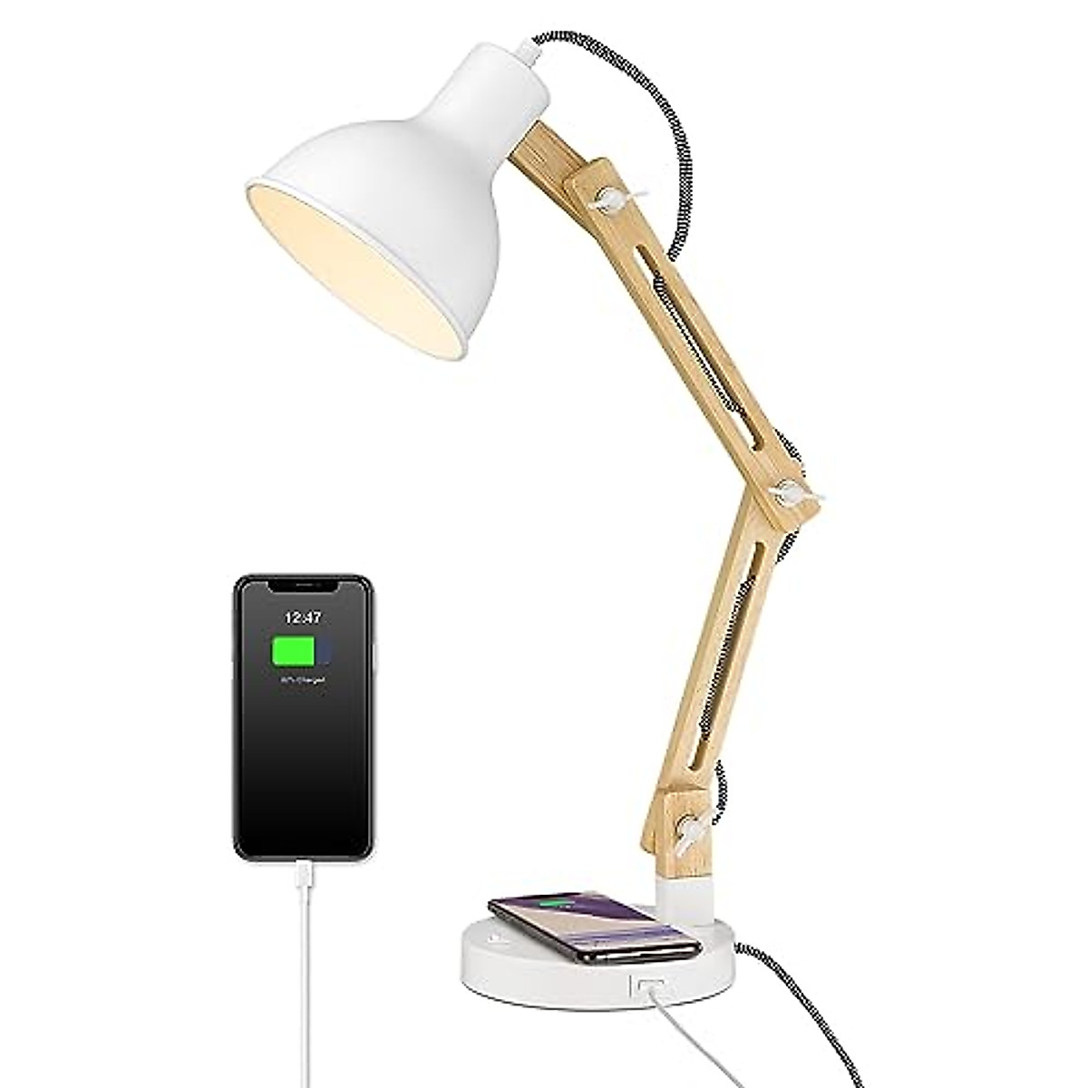 ELYONA White Desk Lamp with Wireless Charger, Solid Wood Table Lamp with USB C Charging Port, Swing Arm Reading Task Light with 5W LED Bulb for College Dorm, Office, Living Room, Bedroom, Farmhouse