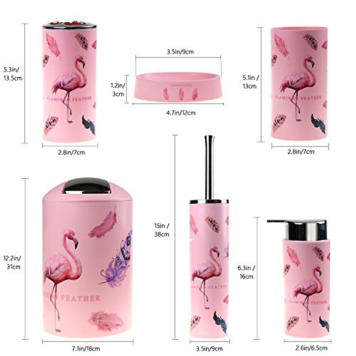 Newthinking Bathroom Accessories Set, Bathroom Set with Trash Can, Include Soap Dish and Soap Dispenser, Toothbrush Holder Set and Toilet Brush and Holders, Pink Flamingo