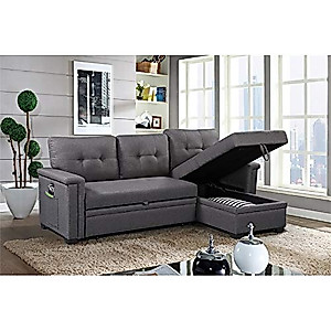 BOWERY HILL Fabric Gray Reversible Sleeper Sofa Storage Chaise with USB Ports