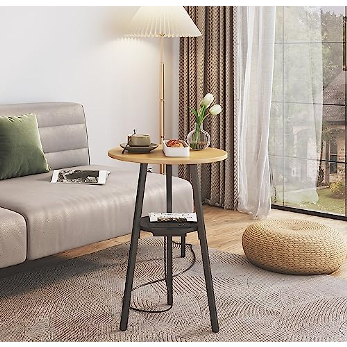 IRCPEN Round End Table with Charging Station, 2-Tier Small Round Table with USB Ports & Power Outlets, Rustic Vintage Nightstand Bedside Table Sofa Table for Bedroom, Living Room (Natural)