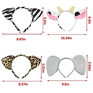 12 Pcs Zoo Animals Ears Headband Jungle Safari Animals Hairbands Plush Cartoon Headbands Elephant Lion Giraffe Tiger Zebra Leopard Cow Pig Ears Cosplay Hair Hoop for Birthday Halloween Costume Party
