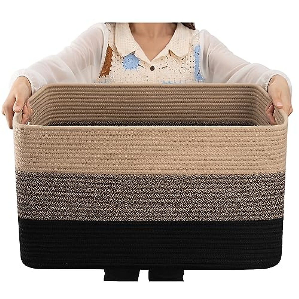 OIAHOMY Large Cotton Rope Basket, Rectangle Woven Baskets for Storage, Nursery Blanket Basket Living Room, Toy Basket with Handle, Large Baskets for Organizing-22”x17”x12”-Yellow Black