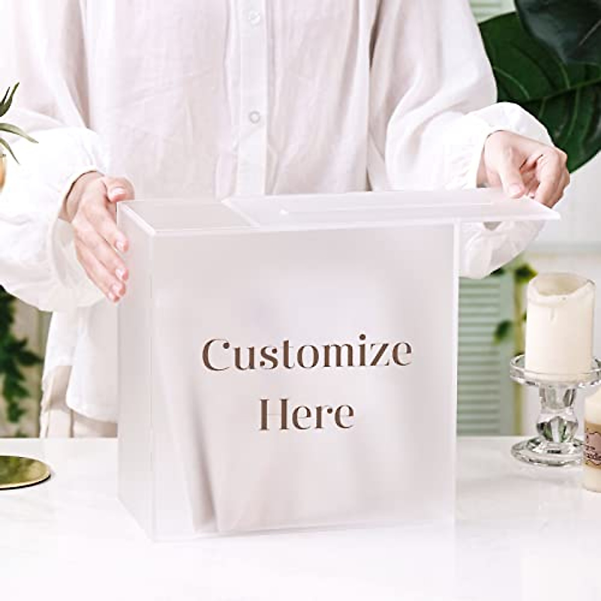 UNIQOOO Frosted Acrylic Wedding Card Box with Slot, Thick DIY Large 10x10x5.5 inch w/ No Print, Wedding Receptions Wishing Well Money Box, Birthday, Memory Box