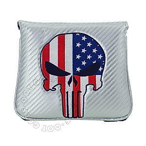 US Flag Punisher Skull Golf High-MOI Mallet Putter Head Cover, Right Heand, Silver