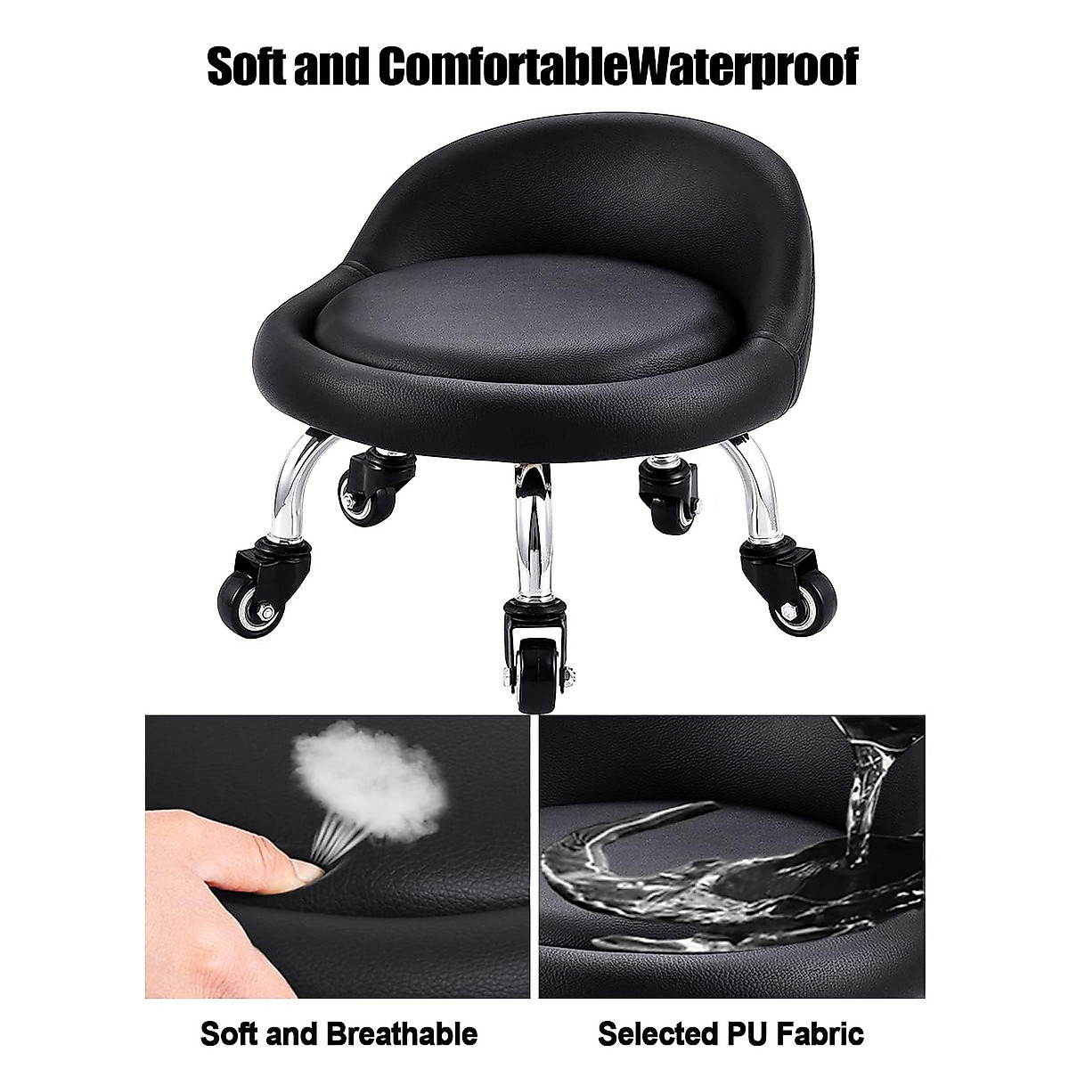 Lanstics Low Roller Seat Stools on Wheels Chair Leather Cushion Roller Seats with Back Rest Small 360 Rotating Rolling Stool Seats for Home Office Fitness Round Rolling Seat (Black)