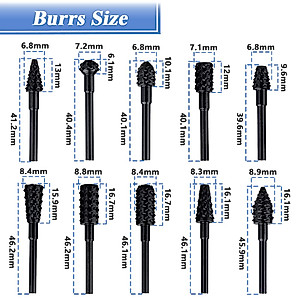 Mesee 10 Pieces Rotary File Rasp Set, 3mm(1/8") Round Shank Rotary Burrs Carbon Steel Carving File Rasp Twist Drill Bits Electric Ginder Rasp Accessory for Woodworking Drilling Engraving
