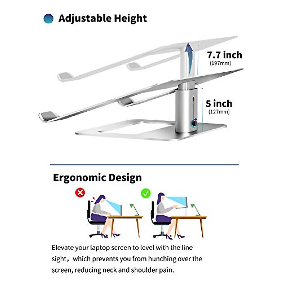 SOUNDANCE Adjustable Laptop Stand for Desk, Computer Stand, Ergonomic Laptop Riser Holder Compatible with 10 to 17.3 Inches Notebook PC Computer, Aluminum Silver