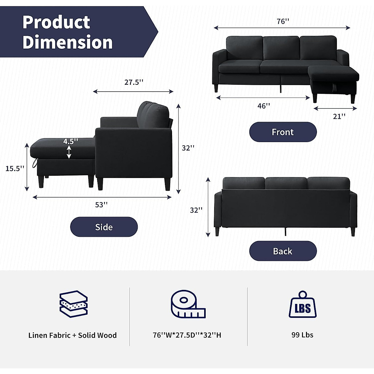 ijuicy Convertible Sectional Couch,78" Small Sectional Sofa, 3-Seat Upholstered Linen L Shaped Sofa w/Movable Storage Ottoman,Reversible Chaise Lounge for Living Room/Small Spaces(Dark Grey)