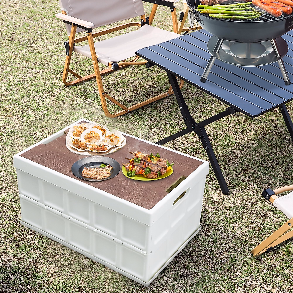 Folding Camping Storage Bins with Wood Lid 60LCollapsible Closet Organizers and Storage Container,Multifunction Plastic Storage Box for,College Dorm Room Essentials,Office,Outdoor,Indoor White