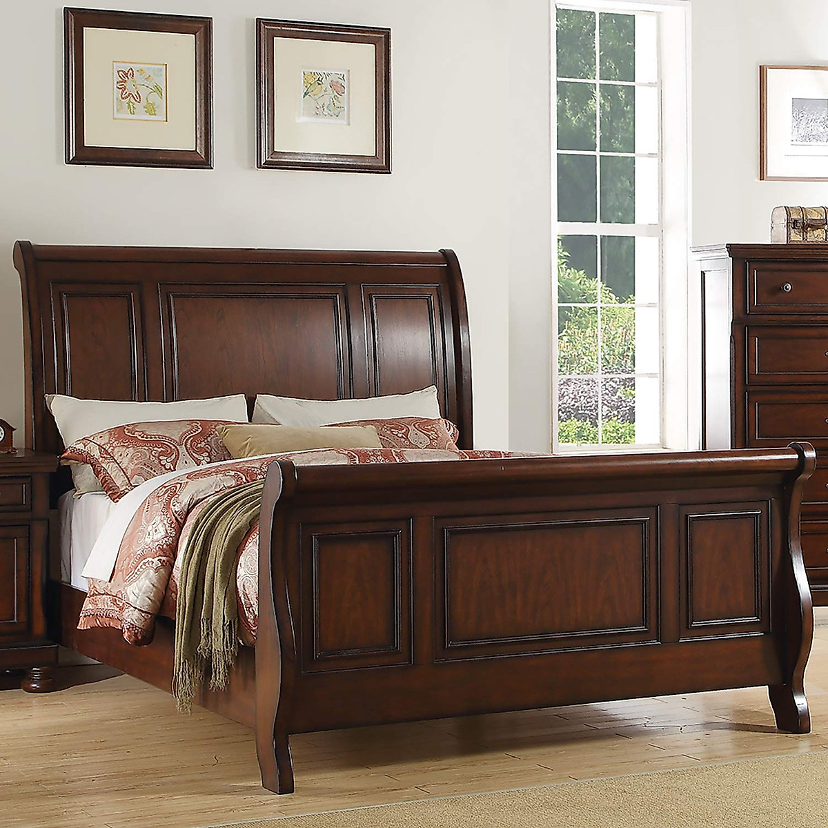 simple relax Pine Wood Cal King Sleigh Bed, Cherry Brown
