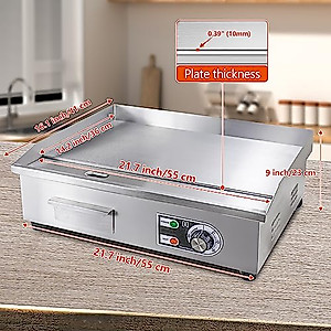 ExGizmo 22" Commercial Electric Griddle,Electric Countertop Flat Top Griddle,110V 1600W Electric Flat Top Grill,Non-Stick Restaurant Teppanyaki Stainless Steel Grill,Adjustable Temperature Control