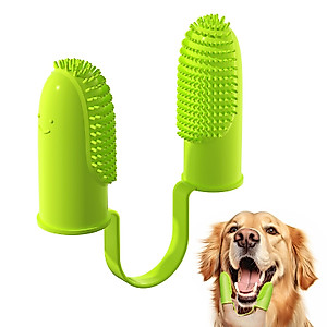 LOOBANI Dog Toothbrush Finger - Double Finger Toothbrush for Dogs, Surround Bristles, TPR Dog Finger Toothbrush Effective Teeth Cleaning, Green