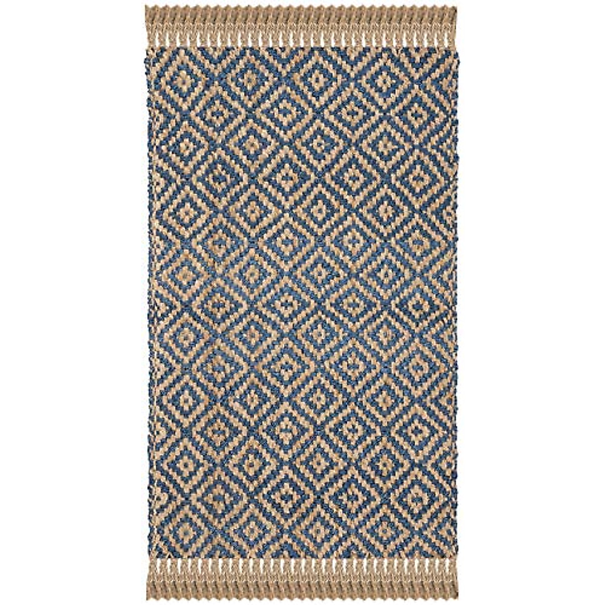 SAFAVIEH Natural Fiber Collection Accent Rug - 3' x 5', Tropical Blue & Natural, Handmade Boho Diamond Tassel Jute, Ideal for High Traffic Areas in Entryway, Living Room, Bedroom (NF266D)