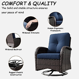 MeetLeisure Patio Swivel Glider Wicker Chairs - Outdoor Swivel Rocking Chairs Set of 2 with Wicker Side Table, Outdoor Swivel Rocker Chair Set 3 Piece Patio Furniture Set(Brown/Blue)