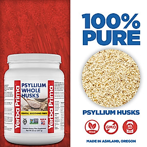 Yerba Prima Psyllium Whole Husks Fiber Supplement - Colon Cleanse - Gut Health - Vegan Non-GMO Gluten Free - 20oz