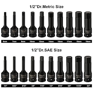 CASOMAN 1/2" Drive Master Impact Hex Bit Set, Hex Driver, SAE/Metric, 1/4" - 3/4", 6mm - 19mm, Cr-Mo Steel,Impact Grade, One-Piece Construction, 20-Piece 1/2" Drive Allen Bit Socket Set