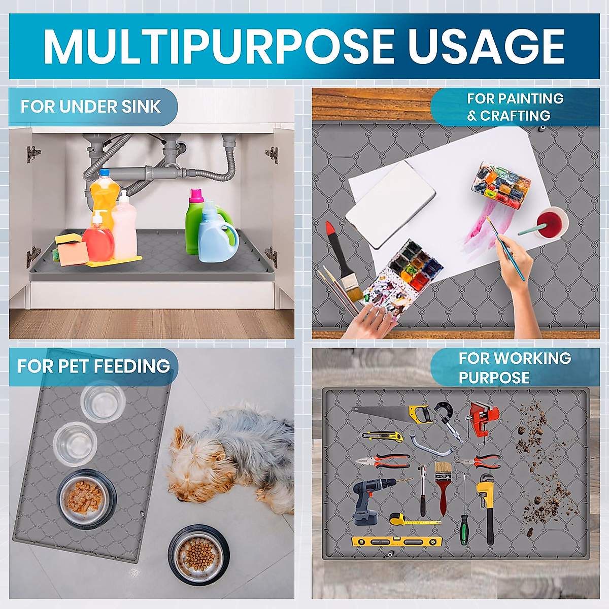 NECoRA Under Sink Mat,[34" x 22" x 1"] Under Sink Mats for Kitchen Waterproof, Silicone Sink Cabinet Protector Mats for Kitchen & Bathroom, Under Sink Liner Leaks Spills Tray with Drain Hole,Grey