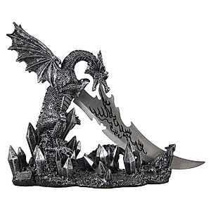 Wicked Fire Dragon Fantasy Letter Opener Knife Dagger and Holder Base,Polyresin