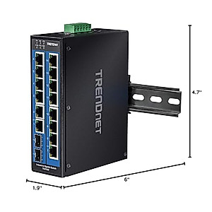 TRENDnet 16-Port Hardened Industrial Unmanaged Gigabit DIN-Rail Switch, TI-G162, 14 x Gigabit Ports, 2 x Gigabit SFP Slots,32Gbps Switching Capacity, IP30 Ethernet Network Switch, Lifetime Protection