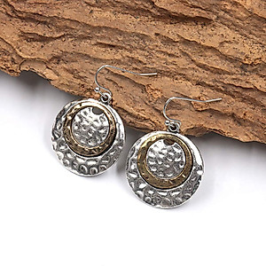 D.Rosse Handmade Ethnic Boho Retro Gold Matte Small Round Circle Dangle Drop Earrings Vintage Silver Hoop Hook Earrings for Women Statement Jewelry (Silver)