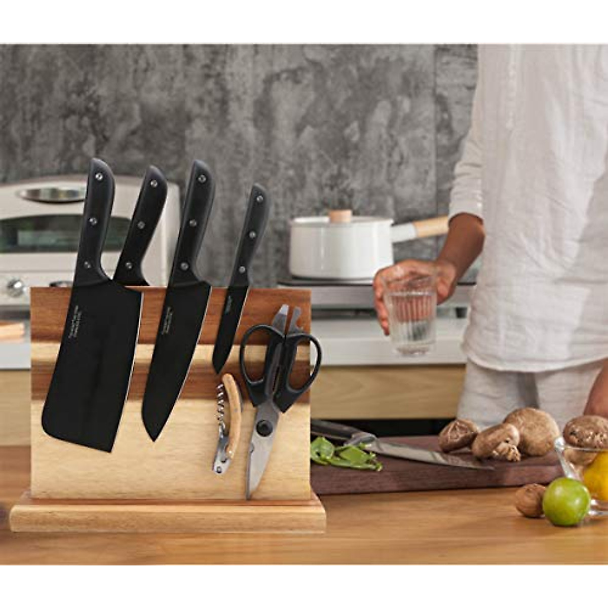 Resafy Magnetic Knife Holder Acacia Wooden Magnetic Knife Block Holder Rack Magnetic Universal Stands with Strong Enhanced Magnets Strip Kitchen Storage Cutlery Large Organizer 12 X 10