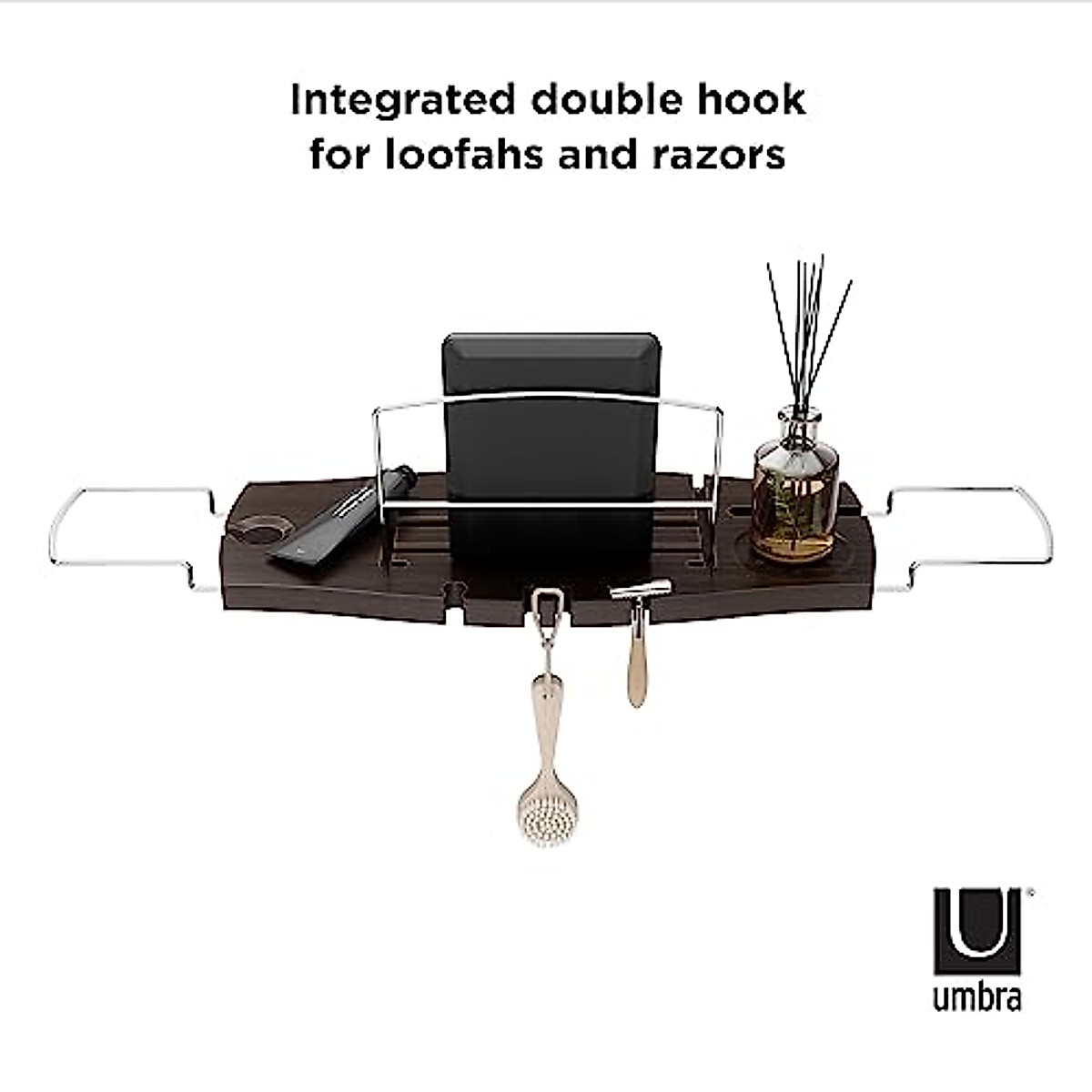 Umbra Aquala Bathtub Tray Bamboo Extendable and Adjustable Tray Holder, Walnut
