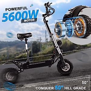 T88 Electric Scooter Adults, 5600W Dual Motor 60V38.5Ah Battery Max 50 MPH & 60Miles Long Range, Dual Oil Disc Braking & Dual Hydraulic Shock Absorption, Dual Charger and 11'' Vacuum Off-Road Tires