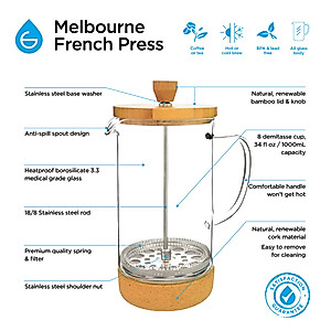 GROSCHE - Melbourne Premium French Press Coffee & Tea Maker (34 oz) with Bamboo Lid And Cork Base | Stylish Design | Coffee Maker | Tea Maker | Cold Brew | Borosilicate Glass