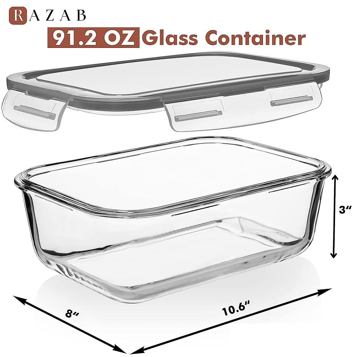 2700ML / 91.3oz X-LARGE Glass Food Storage Container with Locking Lid Ideal for Storing food, Vegetables & Fruits. Baking, Casserole, Roasting & lot more - BPA Free Leak Proof - Fridge to Oven Safe - Clear