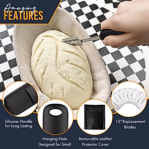 MEKER Hand Crafted Bread Lame for Dough Scoring Knife, Upgraded Silicone Handle Tool Sourdough Slashing with 10 Blades Included Removable Leather Protector Cover, Black
