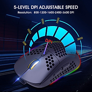 HXMJ Type C Fast Charging Bluetooth Mouse,Honeycomb Wireless Gaming Mice,Lightweight,3 Modes(BT5.0, BT3.0 and USB 2.4GHz) with 3600 DPI,RGB Rainbow Backlit-Black