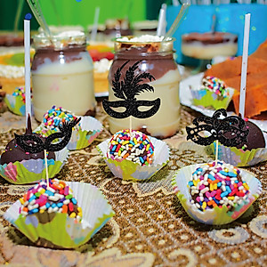 Gyufise 24Pcs Masquerade Masks Cupcake Toppers Glitter Bachelorette Party Mask Cupcake Food Fruit Picks Masquerade Mardi Gras Party Baby Shower Birthday Party Cake Decorations Black